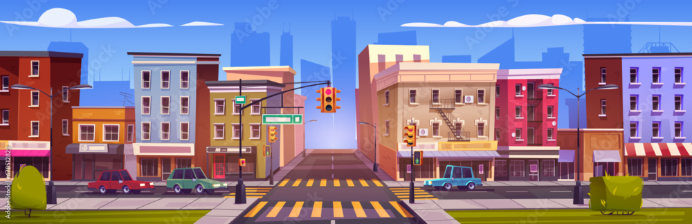 City street intersection. Vector cartoon illustration of cars on town ...