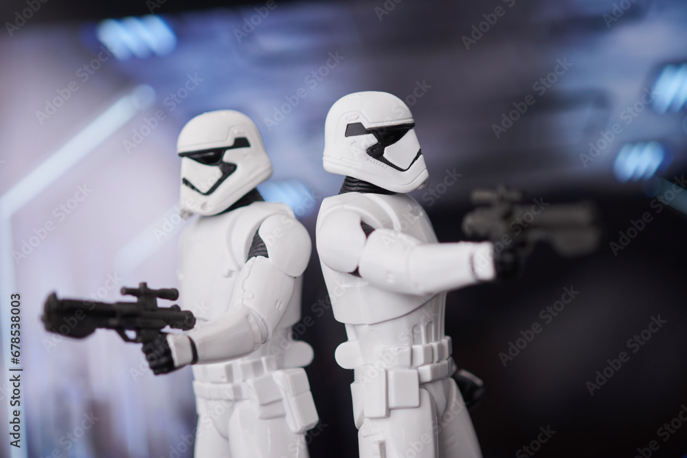Storm troopers stand ready in a cinematic space station scene ...