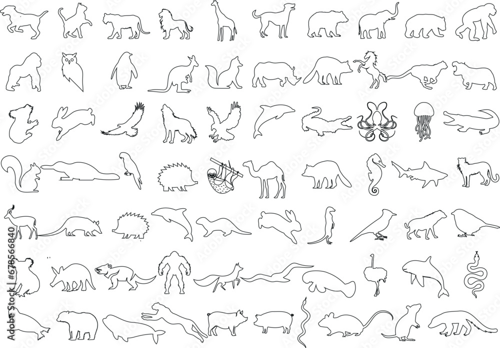 Animal line art vector illustration featuring diverse species. Ideal ...