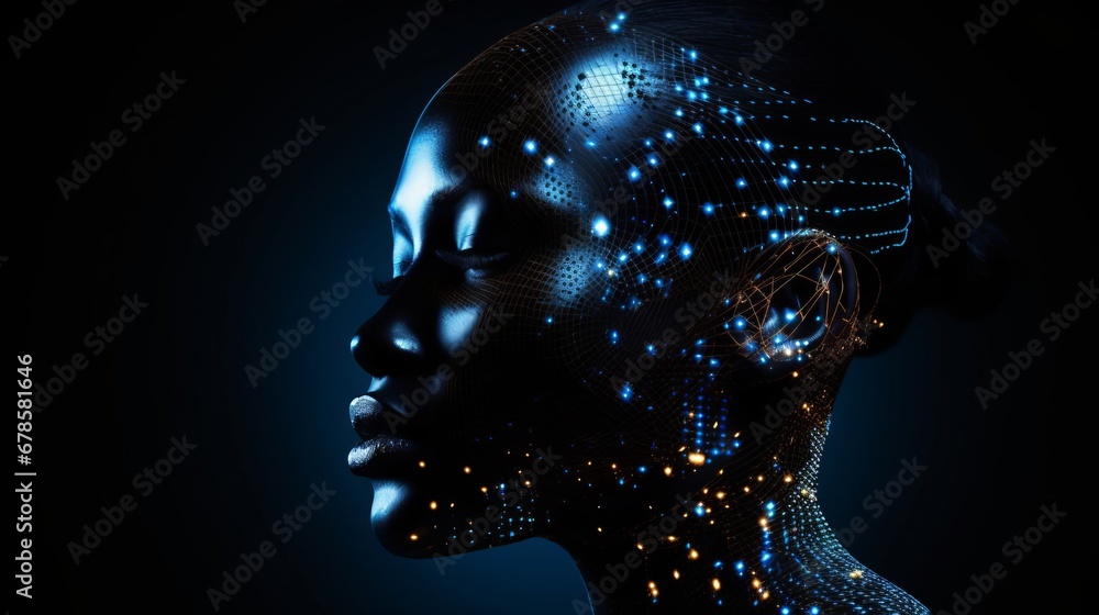 Female black face with matrix digital numbers, dots, links, hologram ...