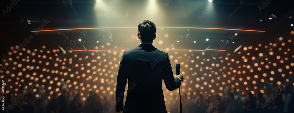 Asian Speaker stand on stage in halls. spot light on him ,thousand ...