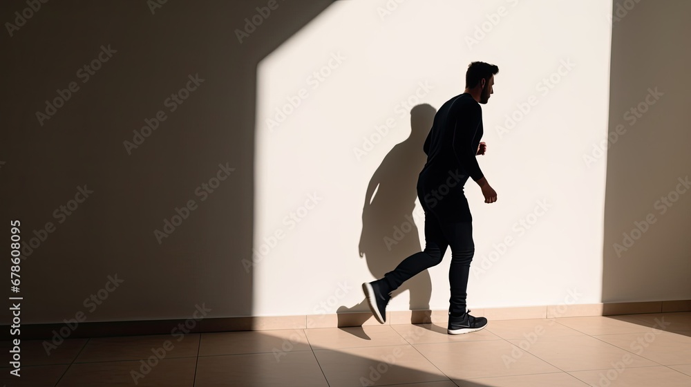 Man running away from his sad gloomy fat shadow on the wall. Mental ...