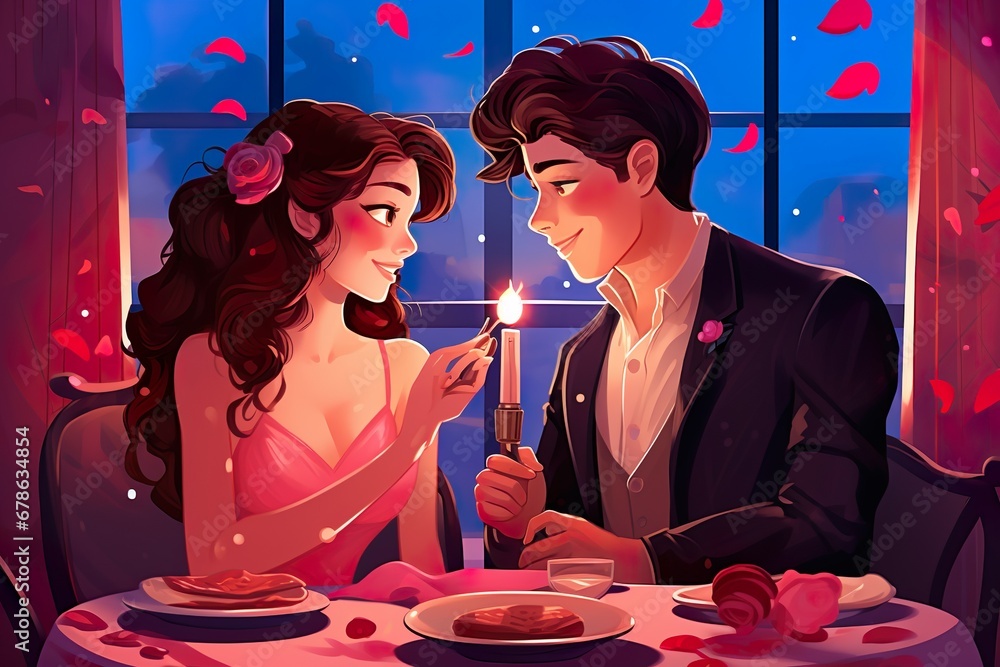 illustration of animated couple in love having dinner in romantic setup ...