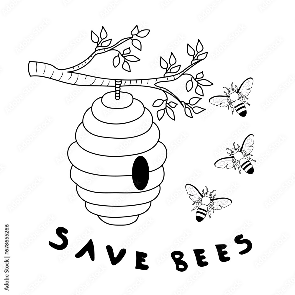 Vector illustration of save bees for coloring book, illustrazione ...