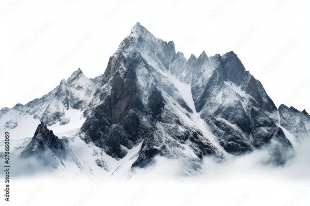 Cloudy snow mountain peak with cliff and rocks isolated on transparent ...