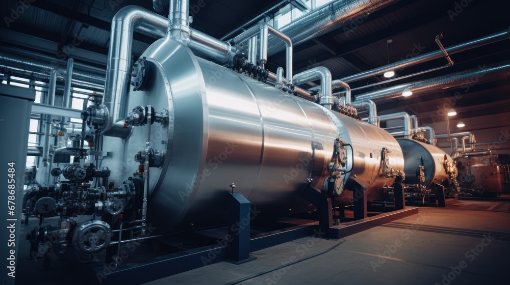 Inside the modern industrial boiler room, large metal tanks and pipes ...
