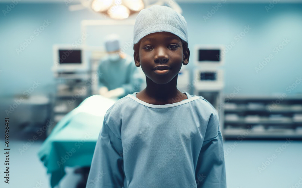 10 year old child in doctor's uniform treating patients hospital ...