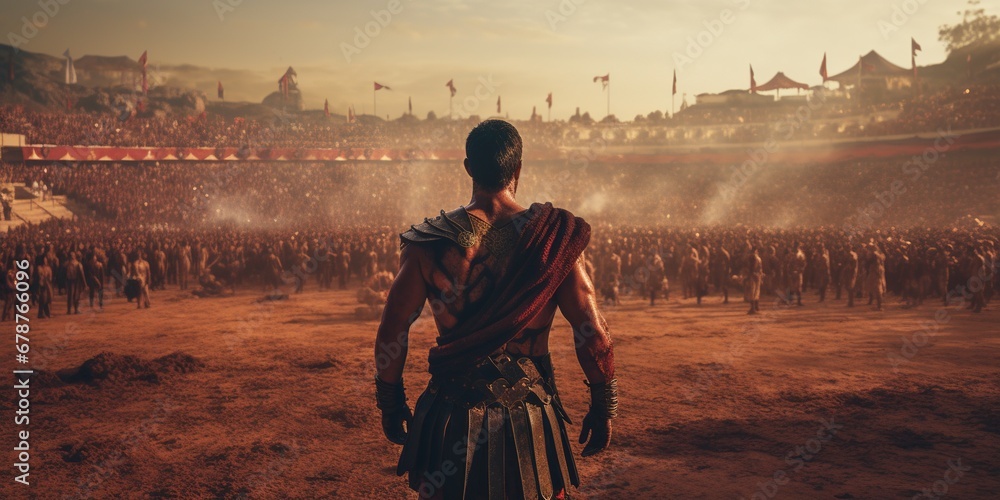 A dramatic scene showing the aftermath of a gladiator fight, with one ...