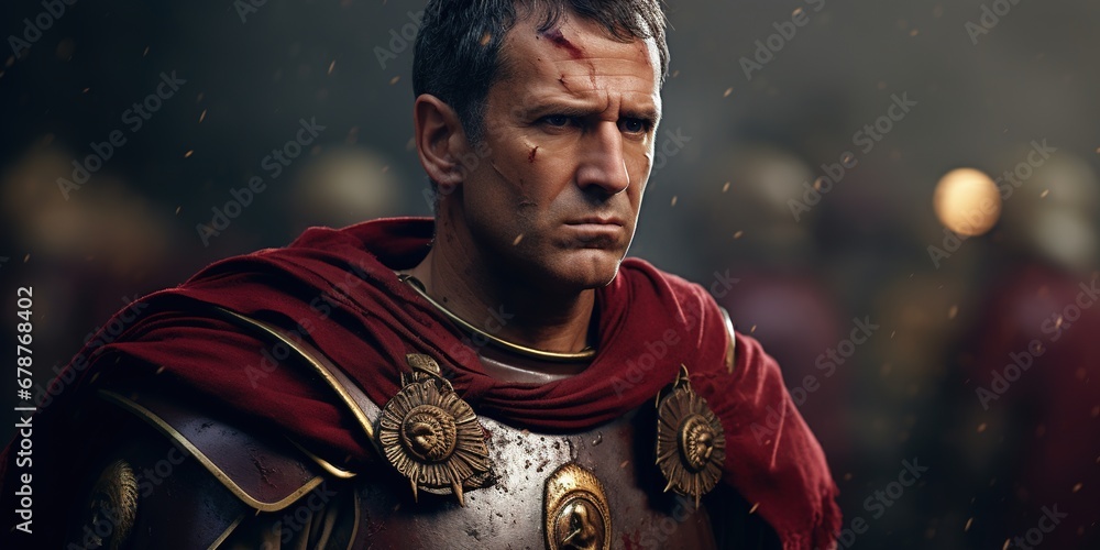 A striking portrait of the famous Roman general, clad in battle armor ...