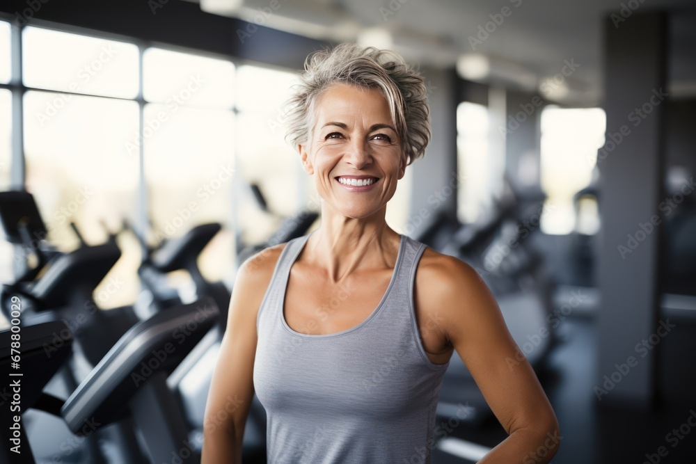 Mature woman in the gym after training. She stands and looks at the ...