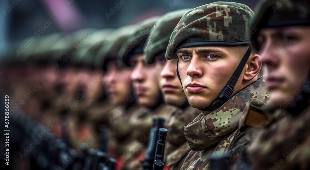 Soldiers in camouflage military uniform in rest position, standing ...
