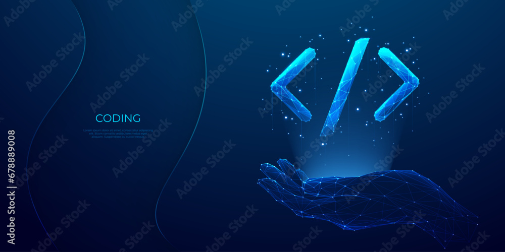 Abstract hand holding digital programming code symbol in futuristic light blue style on dark ...