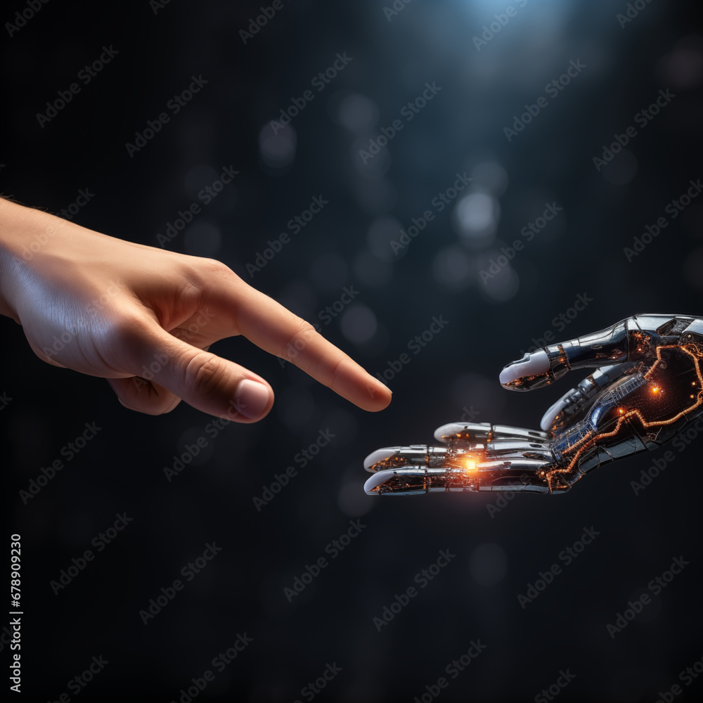 The human finger delicately touching the robotic metallic hand. Concept ...