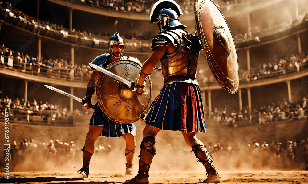 Illustration Stock Fight of two Roman soldiers. Digital art. Colosseum ...