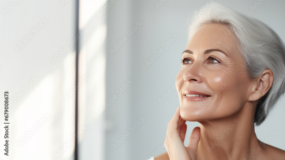 Portrait of beautiful gorgeous 50s mid aged senior model woman with ...