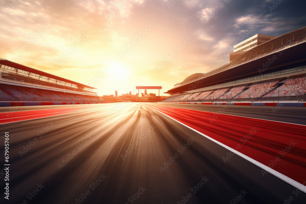 An F1 race track circuit road, depicted with motion blur, features a ...