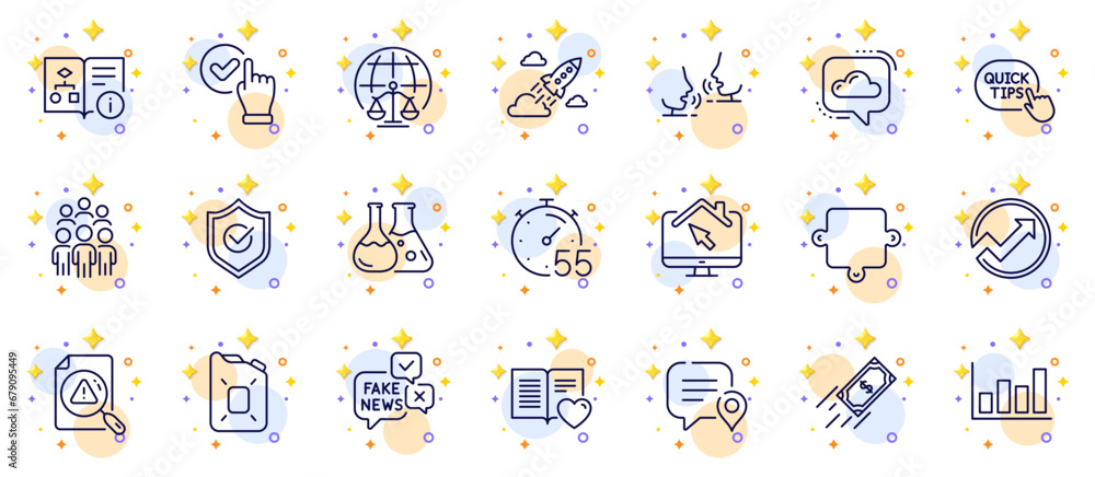 Outline set of Report diagram, Startup rocket and Love book line icons for web app. Include ...
