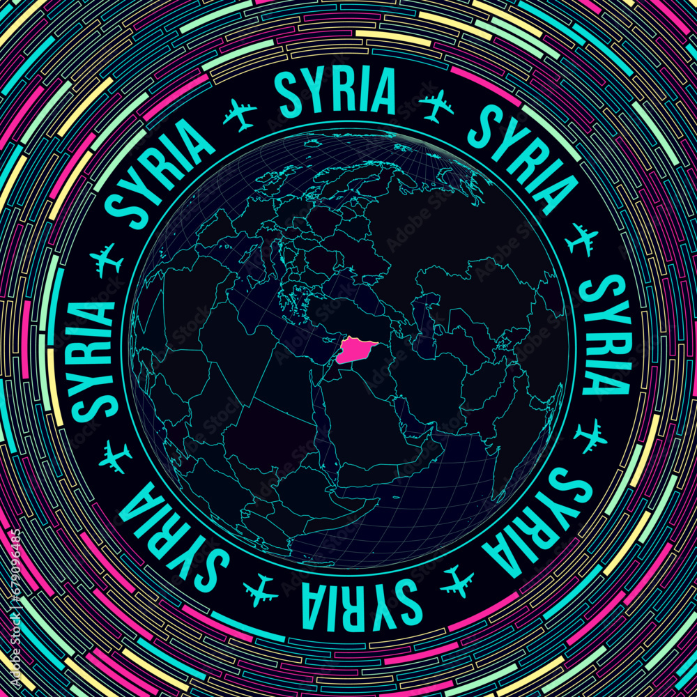 Syria on globe. Satellite view of the world centered to Syria. Bright ...