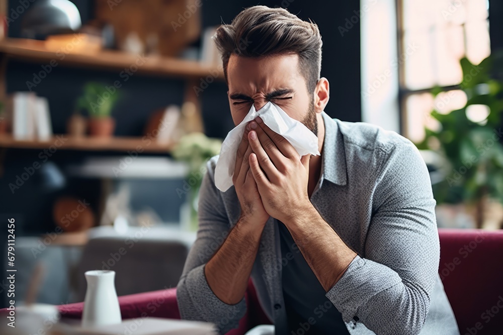 Sick man blowing his nose and covering it with tissue, Man with cold ...