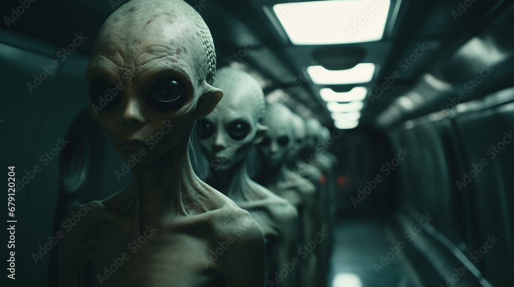 Illustration Stock Emaciated aliens in a dimly lit cold dark spaceship ...