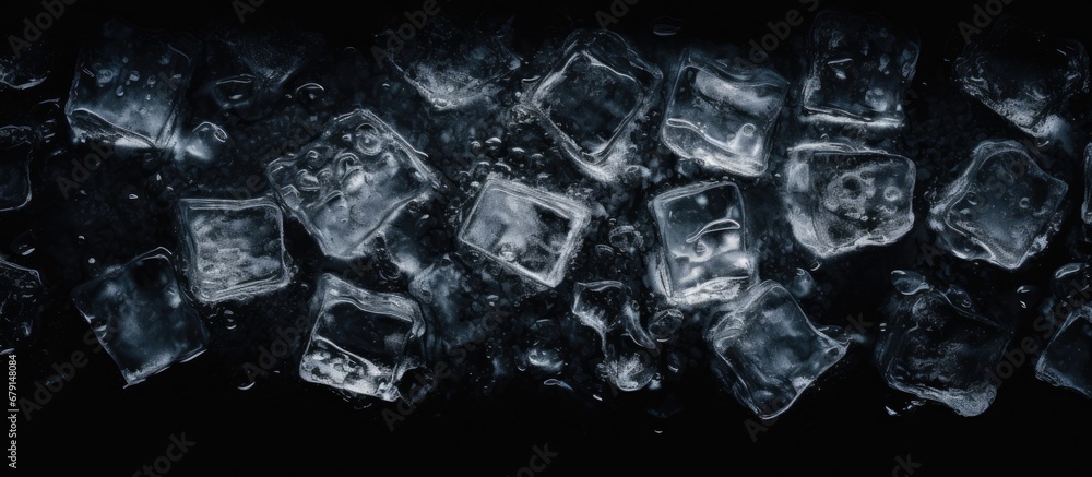 Ice cubes crushed on black background creating a chilling bottle shaped ...