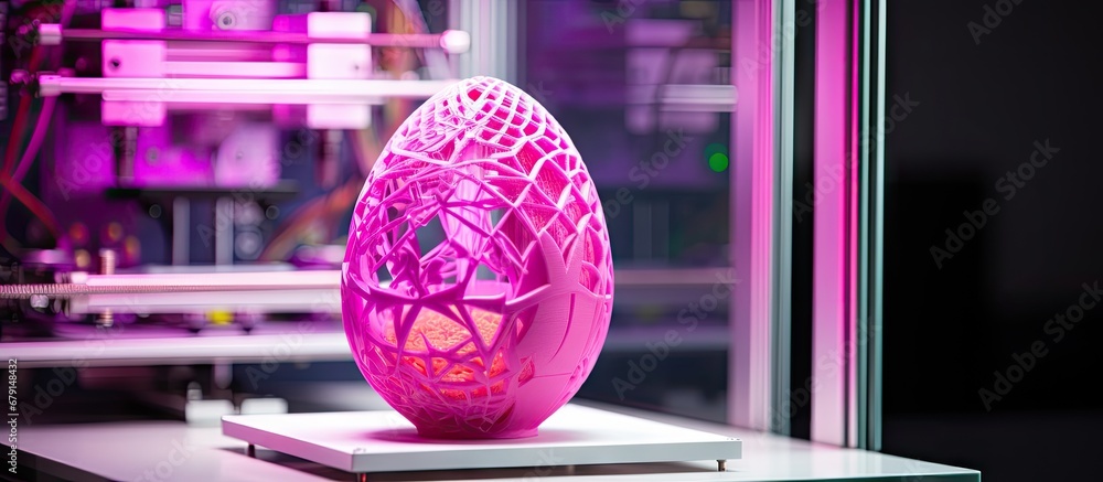 Front view of FDM 3D printed pink Easter egg sculpture with object ...