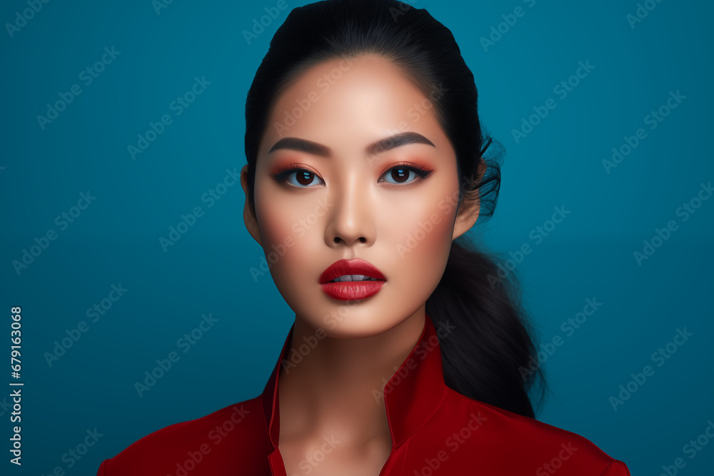 Beautiful asian woman with red lips and eye shadows wears red dress ...