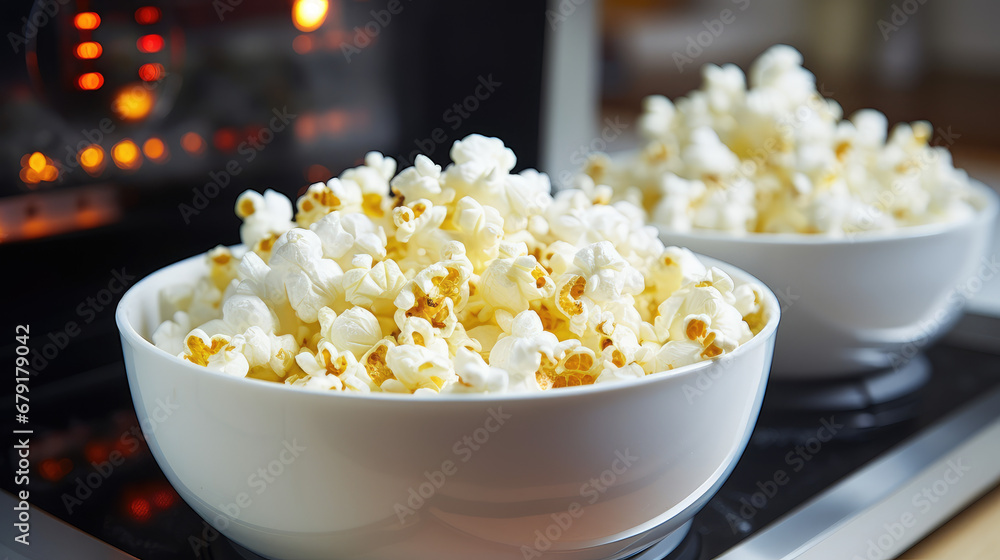 Heating fluffy popcorn in the microwave, making dry instant popcorn at ...