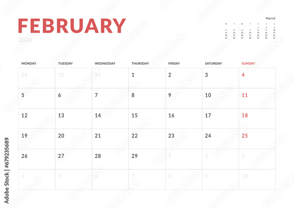 Monthly page Calendar Planner Templates of February 2024. Vector layout ...