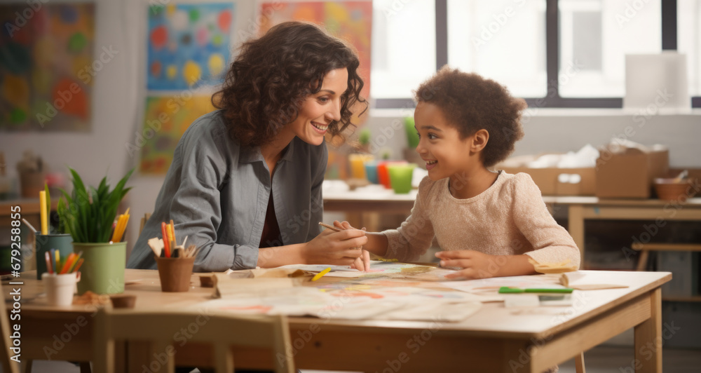 Young school teacher helping her happy elementary students who are ...