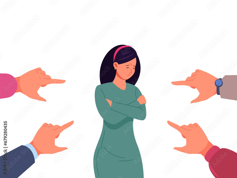 Hands blame girl. Bullying shamed sad woman, abused finger arm child, depressed victim violence ...