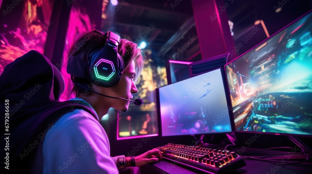 pro gamer man in headphones live streaming while playing online ...