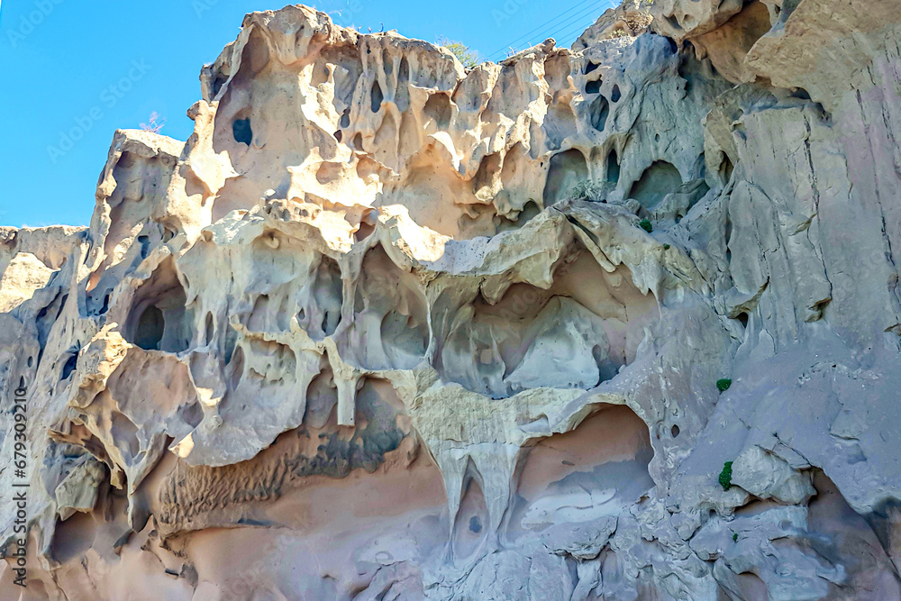 Wall of rocky massif in Cerro de la Calavera against blue sky, rock ...