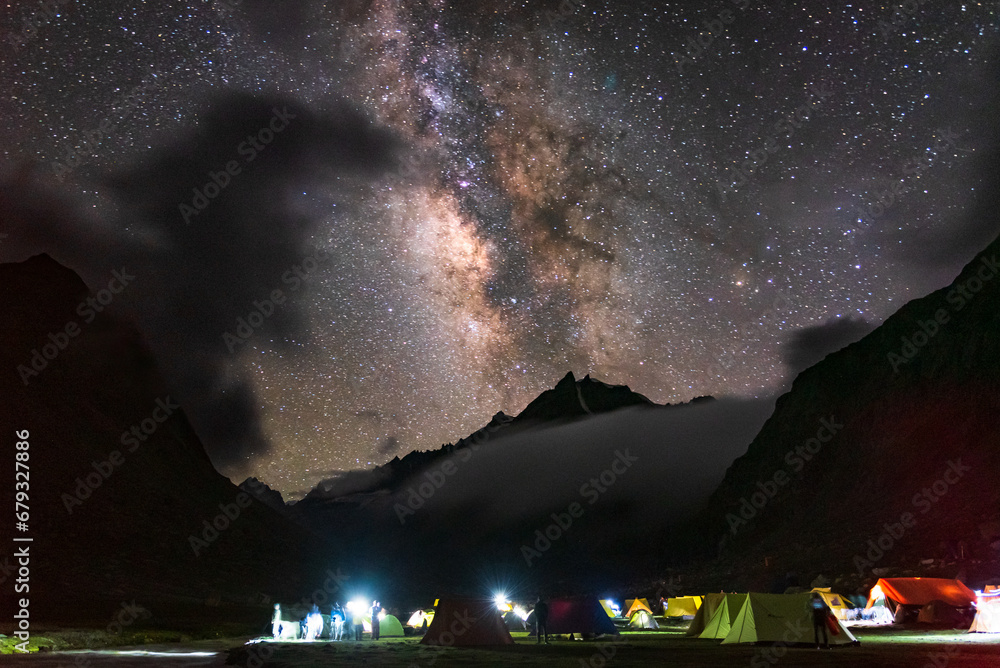 Long shutter time night view of starry night and Milky way galaxy at ...