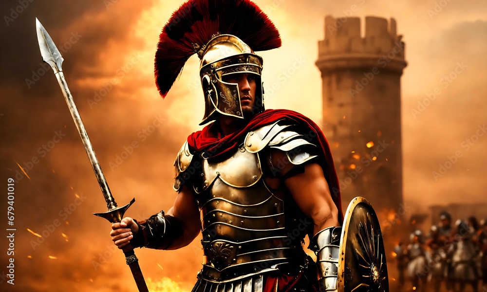 roman legionary commander warrior holding spear and shield. spartan hero soldier in golden armor ...