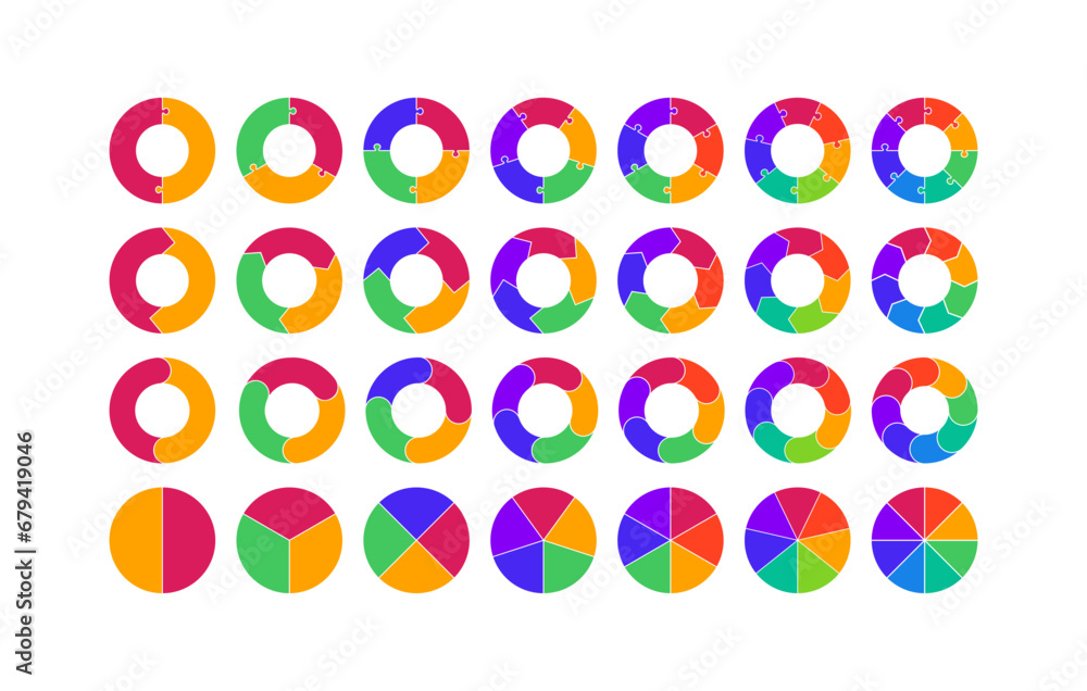 Circle Color Pie Chart Set. Vector Flat Process Cycle Diagrams. Infographic Collection with 2,3 ...
