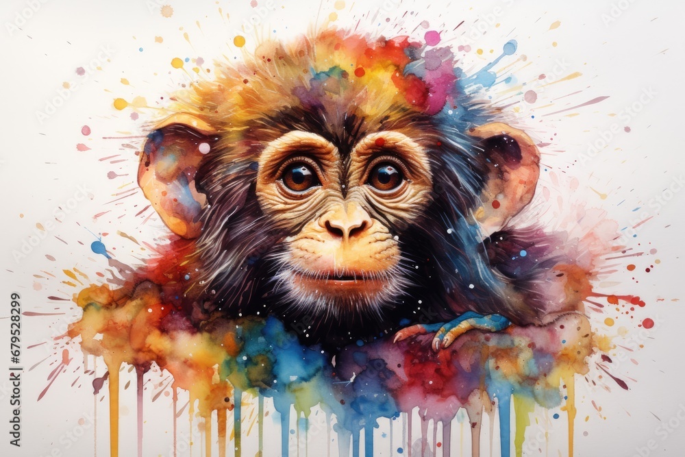 watercolor Monkey illustration with splash watercolor textured ...