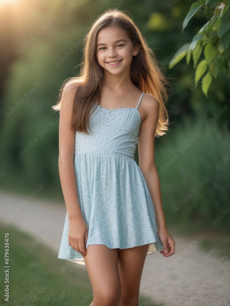 Smiling preteen girl wearing dress Stock Photo | Adobe Stock