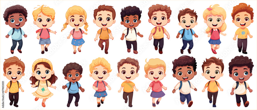Set of Happy multiethnic preschool girls and boy standing in different ...