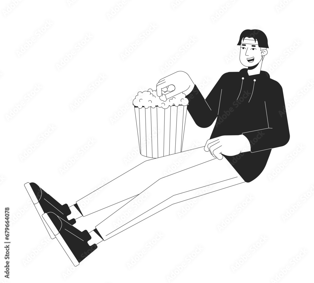 Korean young adult man taking popcorn from bucket black and white 2D ...