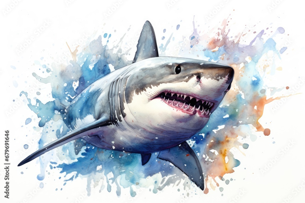 watercolor Shark Hungry shark illustration with splash watercolor ...