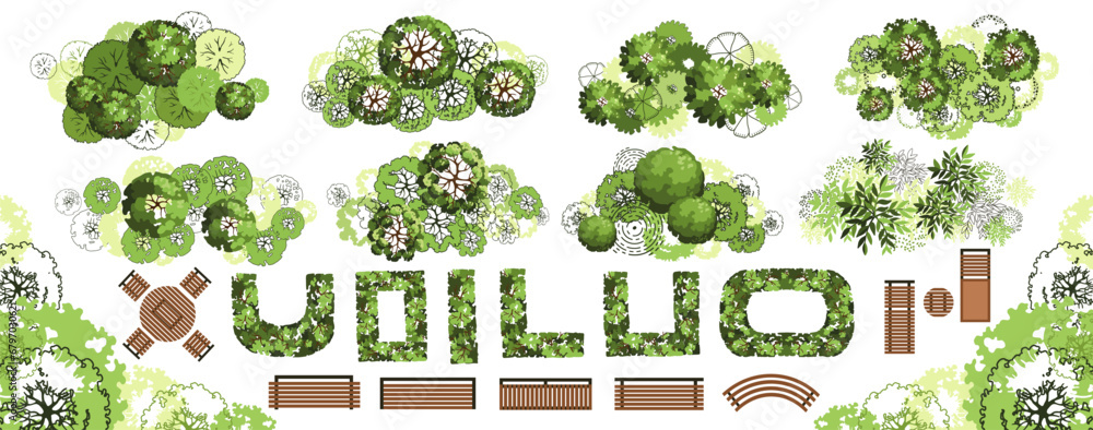WebTop view elements for the landscape design plan. Trees and benches ...