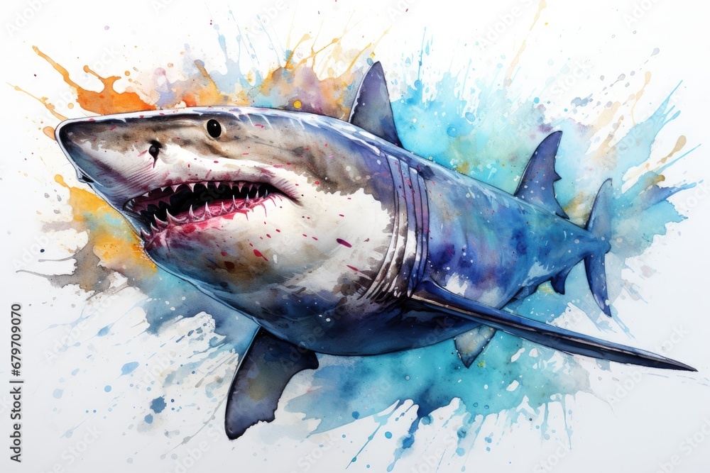 watercolor Shark Hungry shark illustration with splash watercolor ...