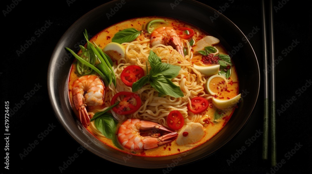 Laksa Shrimp Soup. Prawn noodle laksa soup on black background, top ...