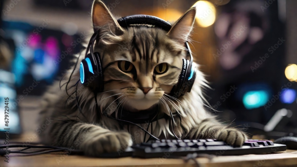 A gamer cat with headphones, inside his gamer setup plays video games ...