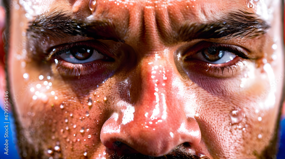 Sweat pours out of a man's face due to the exercise he is doing in the ...
