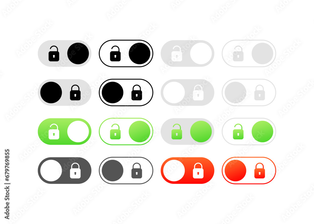Slider icons with lock for key. Different styles, access button, turn ...