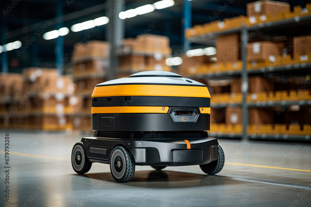 Mobile robot with four wheels in industrial warehouse. Smart robot on ...