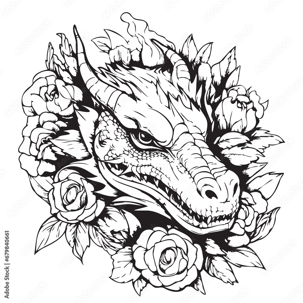 Dragon face in flowers sketch. Vector illustration isolated on white ...