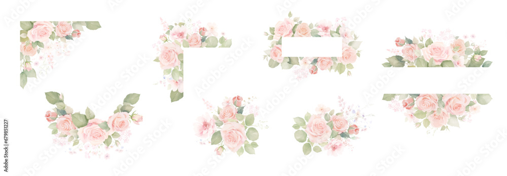 Watercolor pink rose flower and leaf bouquets, borders and frames ...